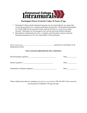 Fillable Online Participant Waiver Form for Under 18 Years of Age Fax ...