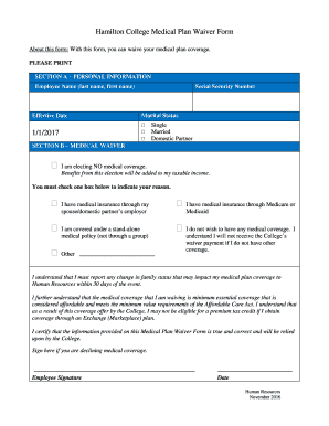 Fillable Online hamilton Hamilton College Medical Plan Waiver Form ...