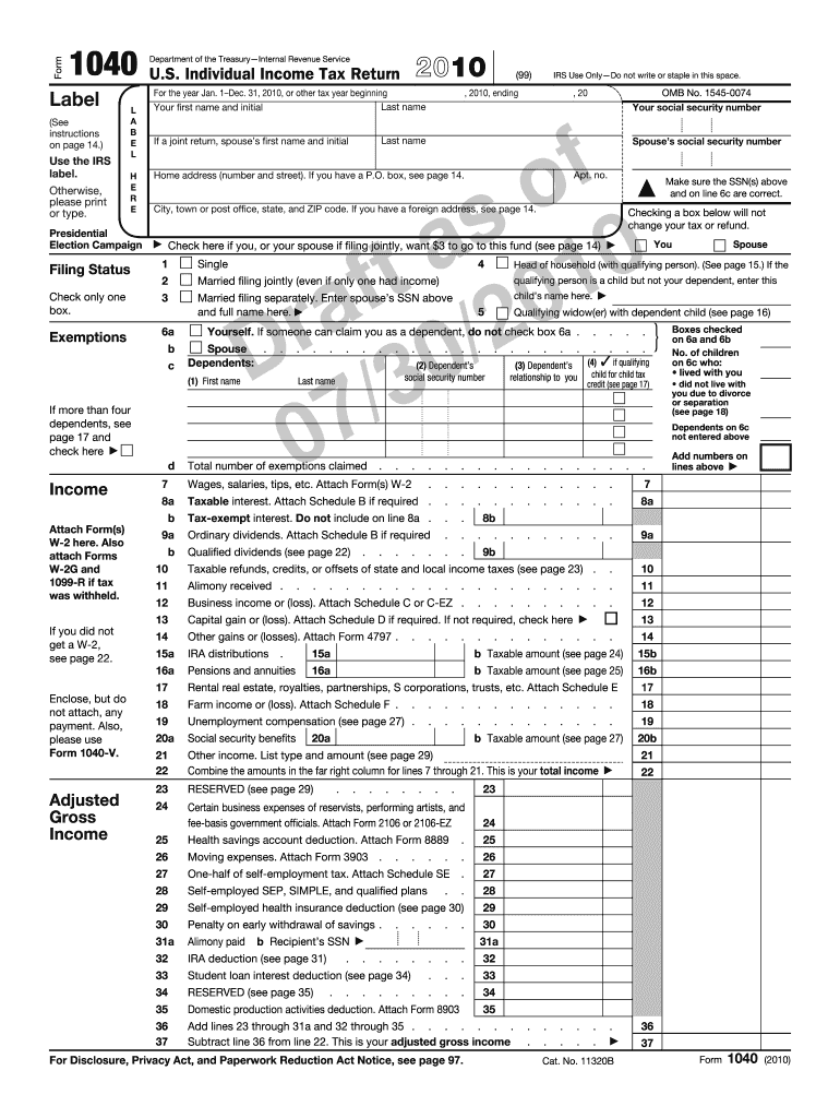 Fillable Online 2010 Form 1040 - webservicesfp.lscsoft.com Fax Email ...