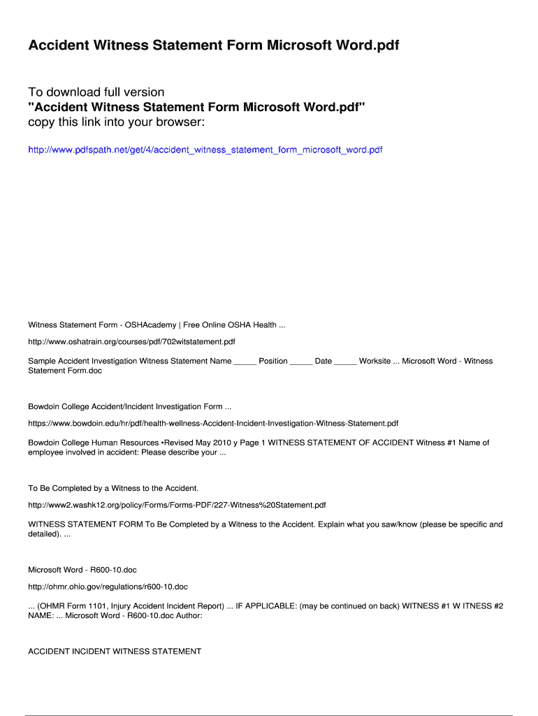 Fillable Online Accident Witness Statement Form Microsoft Word Fax ...