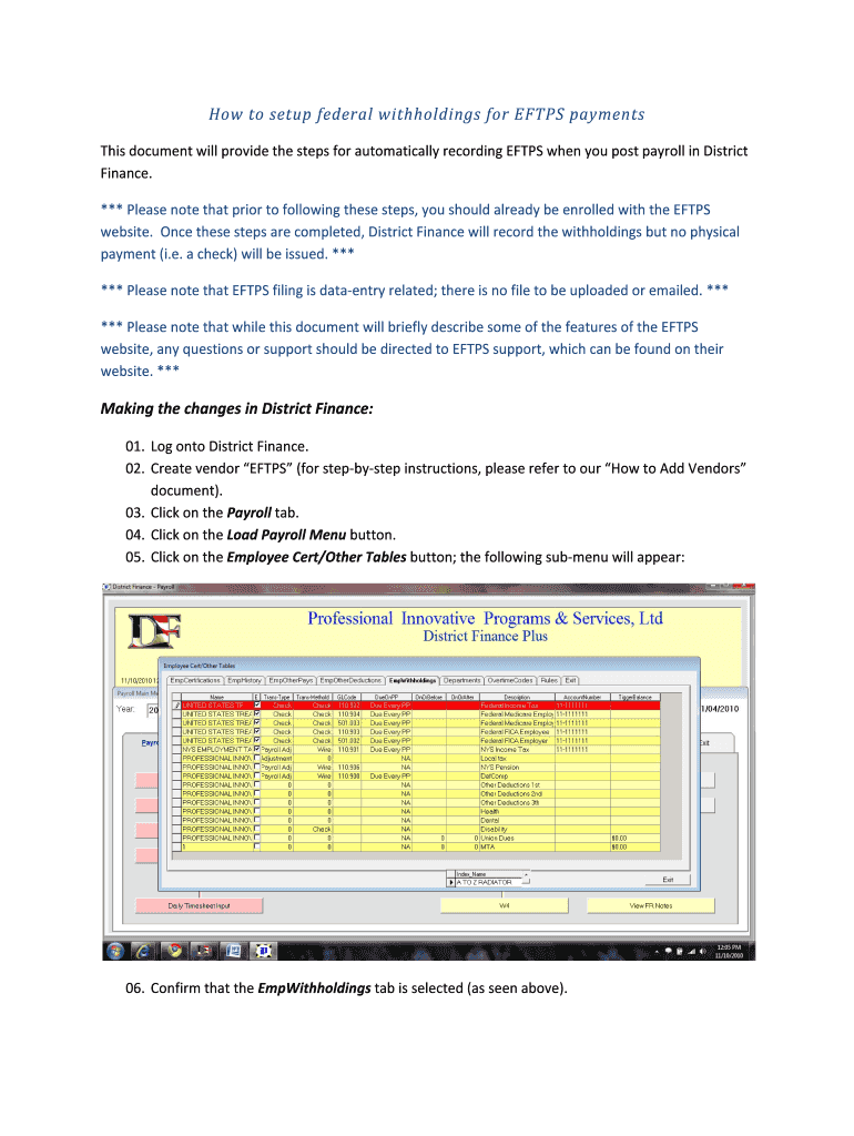 Fillable Online How to setup federal withholdings for EFTPS payments ...