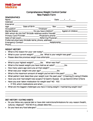 Fillable Online Comprehensive Weight Control Center New Patient Form ...
