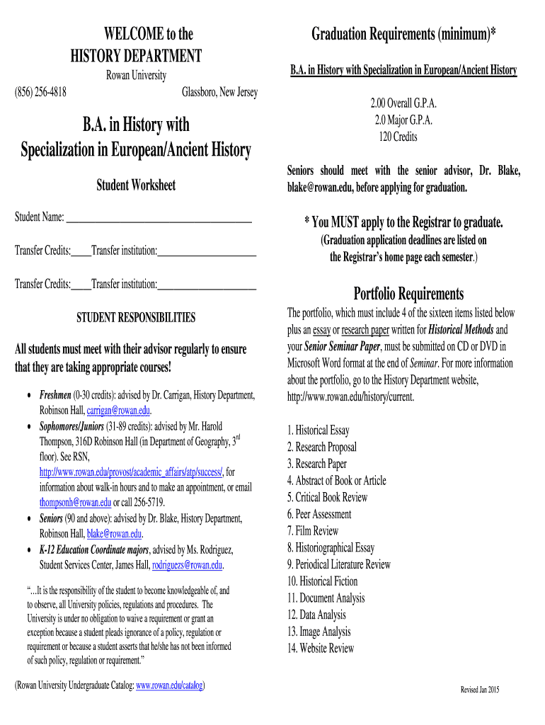 Fillable Online academics rowan B.A. in History with Specialization in ...