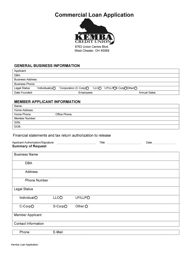 Fillable Online Kemba Commercial Loan Application Fax Email Print ...