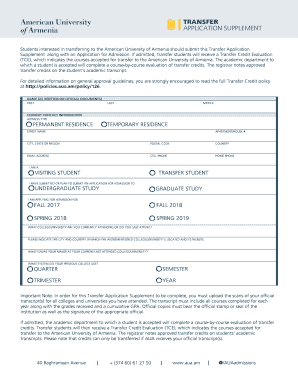 Fillable Online admissions aua Transfer Application Supplement - AUA ...
