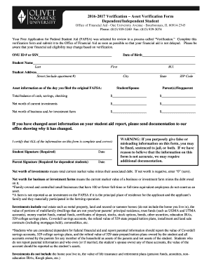 Fillable Online olivet 2016-2017 Verification Asset Verification Form ...