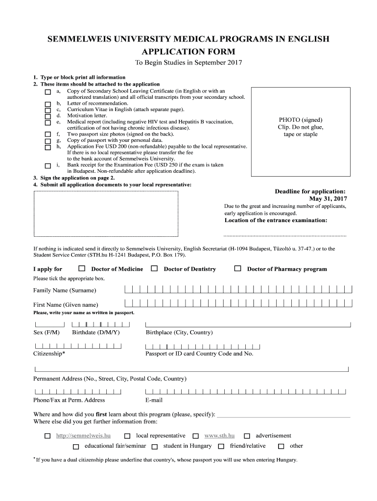 Fillable Online SEMMELWEIS UNIVERSITY MEDICAL PROGRAMS IN ENGLISH Fax Email Print - pdfFiller