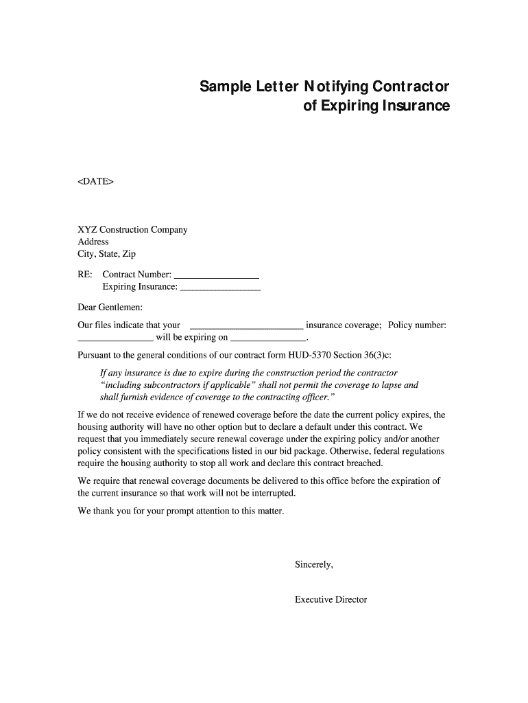 Fillable Online Sample Letter Notifying Contractor of Expiring ...