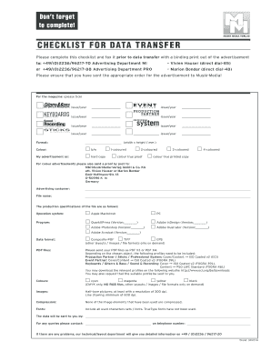Fillable Online CHECKLIST FOR DATA TRANSFER - musikmedia.de Fax Email ...
