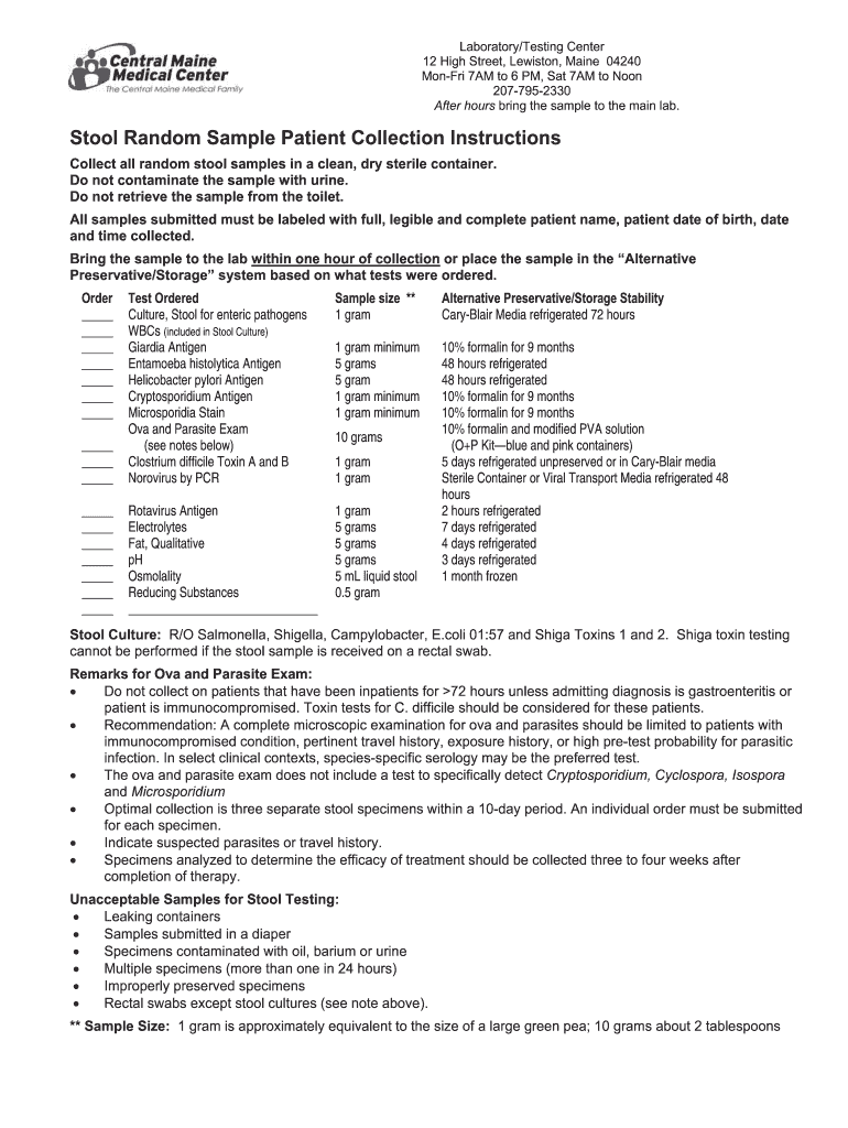 Fillable Online cmmc Stool Sample Patient Collection Instructions ...