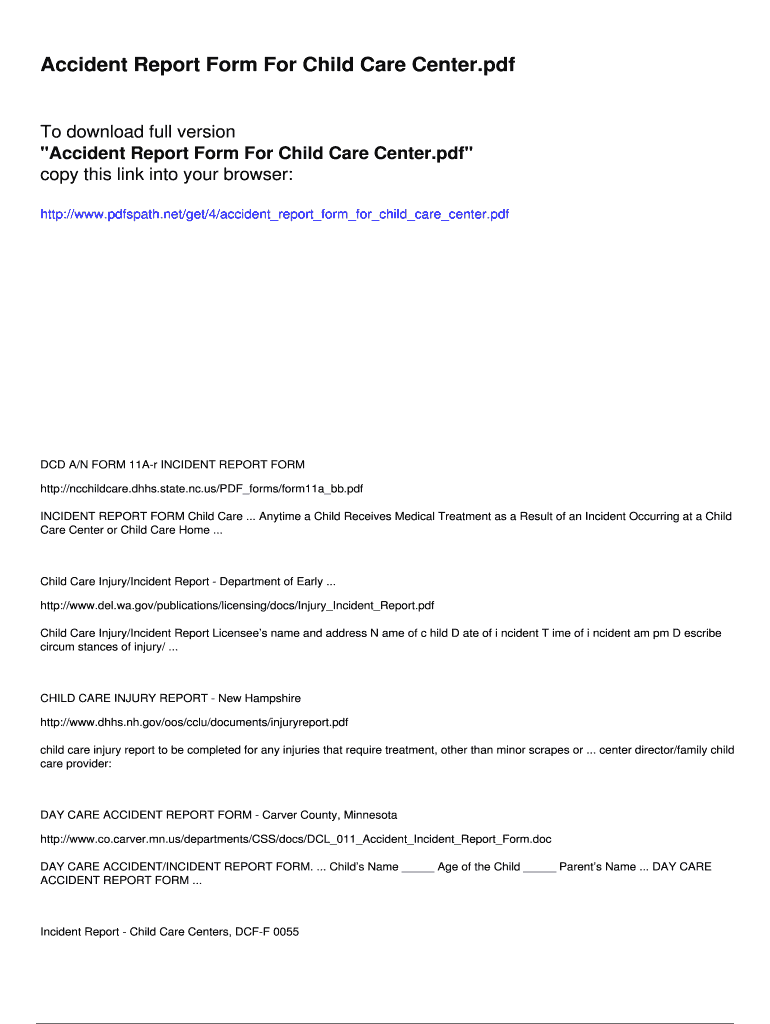 Fillable Online Accident Report Form For Child Care Center ...