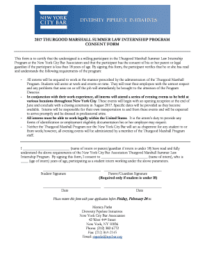Fillable Online 2017 THURGOOD MARSHALL SUMMER LAW INTERNSHIP PROGRAM CONSENT FORM. 2017 THURGOOD ...