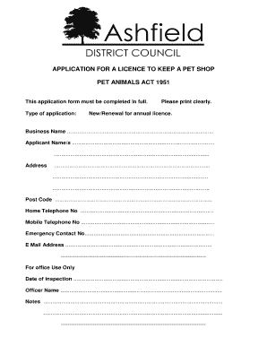 Fillable Online ashfield gov APPLICATION FOR A LICENCE TO KEEP A PET ...