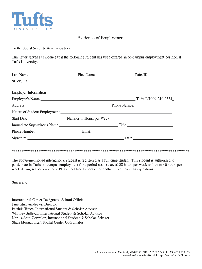 Fillable Online ase tufts Evidence of Employment - ase tufts Fax Email ...