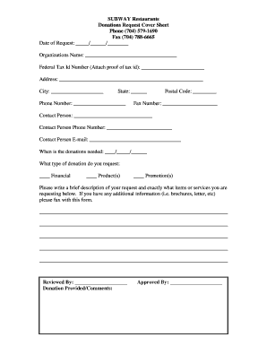 Fillable Online SUBWAY Restaurants Donations Request Cover Sheet Phone ...