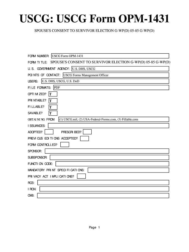 Fillable Online USCG Form OPM-1431. SPOUSE'S CONSENT TO SURVIVOR ...