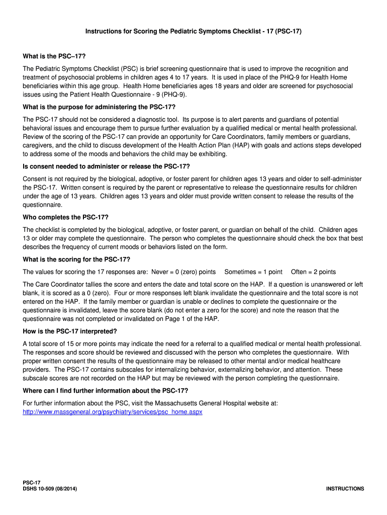 Fillable Online Instructions for Scoring the Pediatric Symptoms ...
