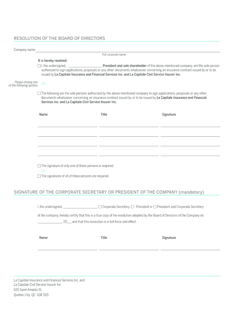 Fillable Online Resolution of the BoaRd of diRectoRs siGnatuRe of ...
