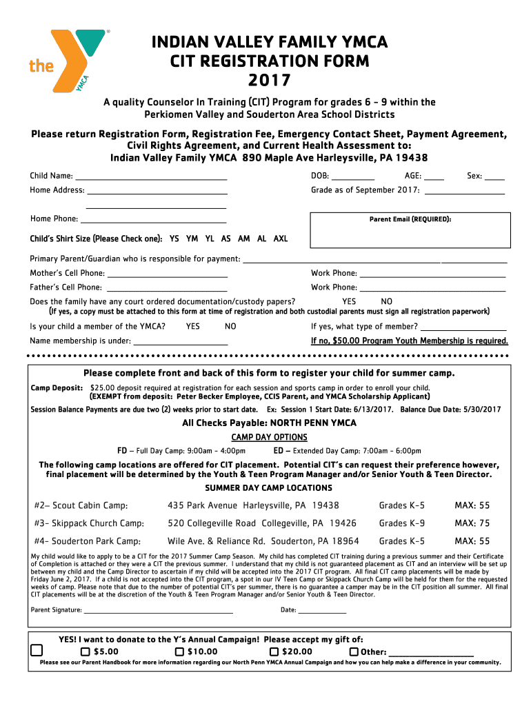 Fillable Online northpennymca INDIAN VALLEY FAMILY YMCA CIT REGISTRATION FORM 2017 Fax Email ...