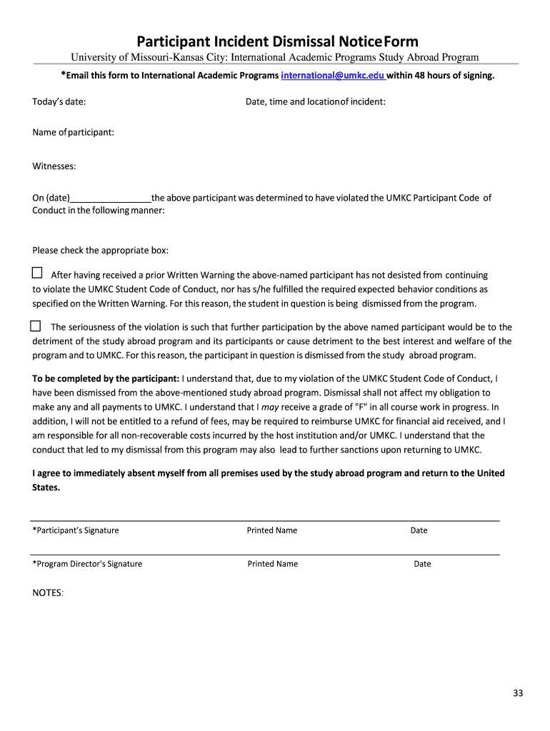 Fillable Online Participant Incident Dismissal Notice Form - University of Missouri ... Fax ...