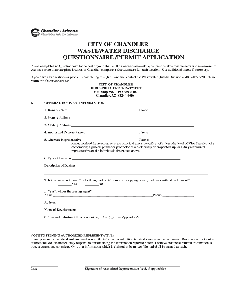 Fillable Online chandleraz CITY OF CHANDLER WASTEWATER DISCHARGE ...