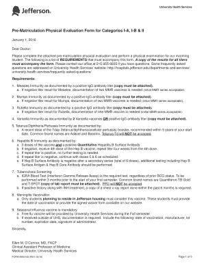Fillable Online jefferson Pre-Matriculation Physical Evaluation Form ...
