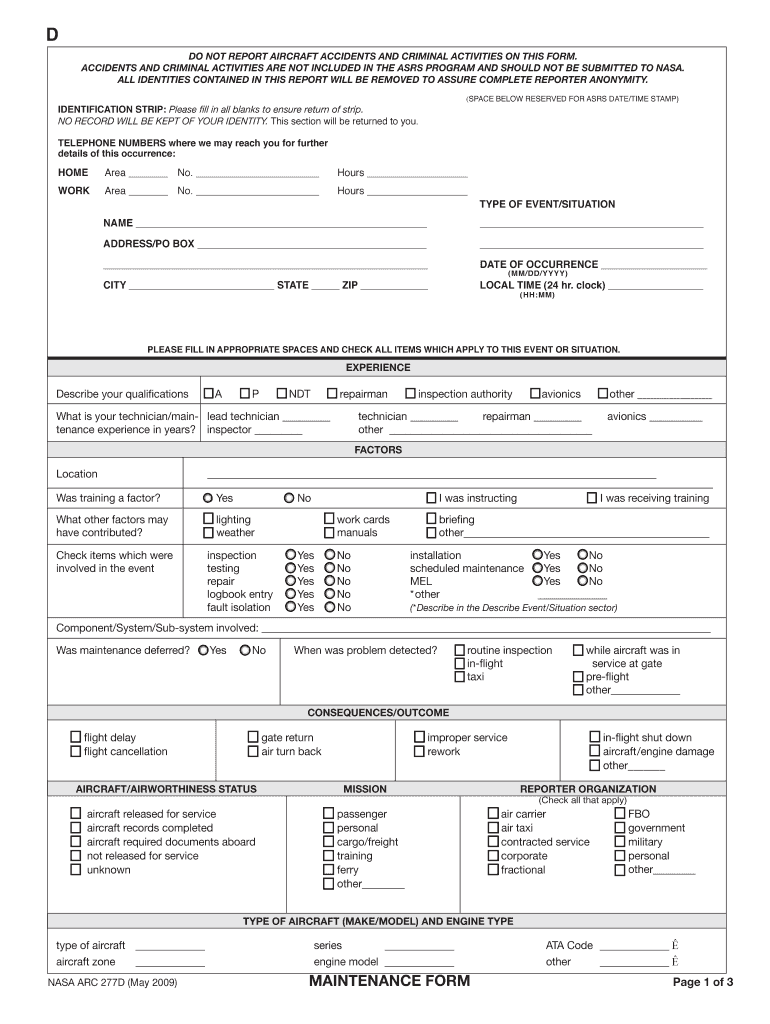 Fillable Online asrs arc nasa (SPACE BELOW RESERVED FOR ASRS DATE/TIME ...