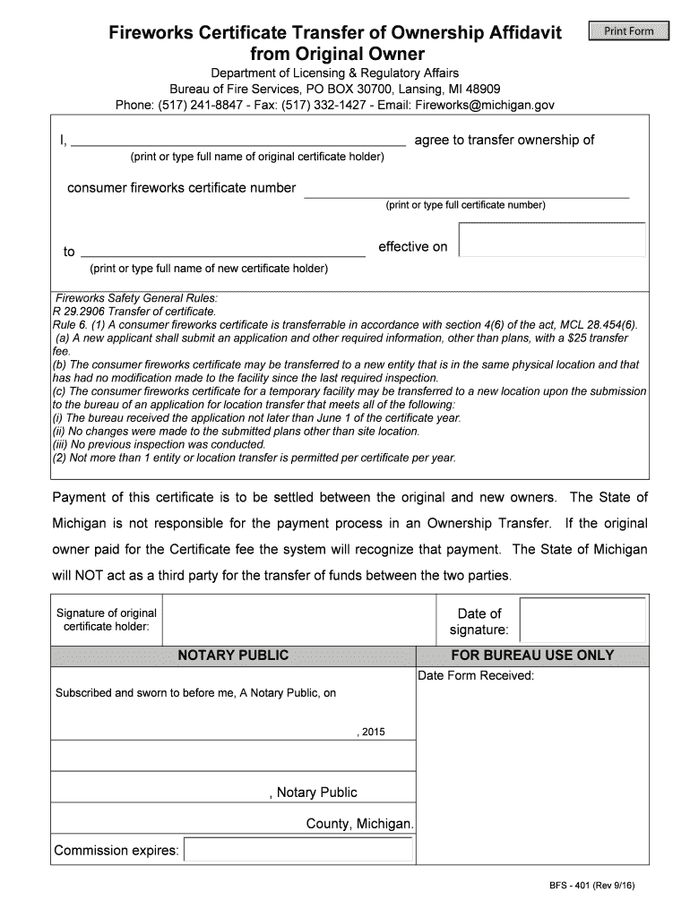 Fillable Online Fireworks Certificate Transfer of Ownership Affidavit ...