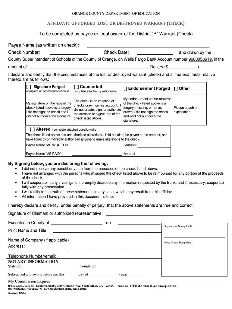 Fillable Online ocde AFFIDAVIT OF FORGED, LOST OR DESTROYED WARRANT (CHECK) - ocde Fax Email ...