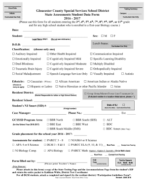 Fillable Online gcsssd State Assessments Student Data Form - Gloucester County Special ... Fax ...