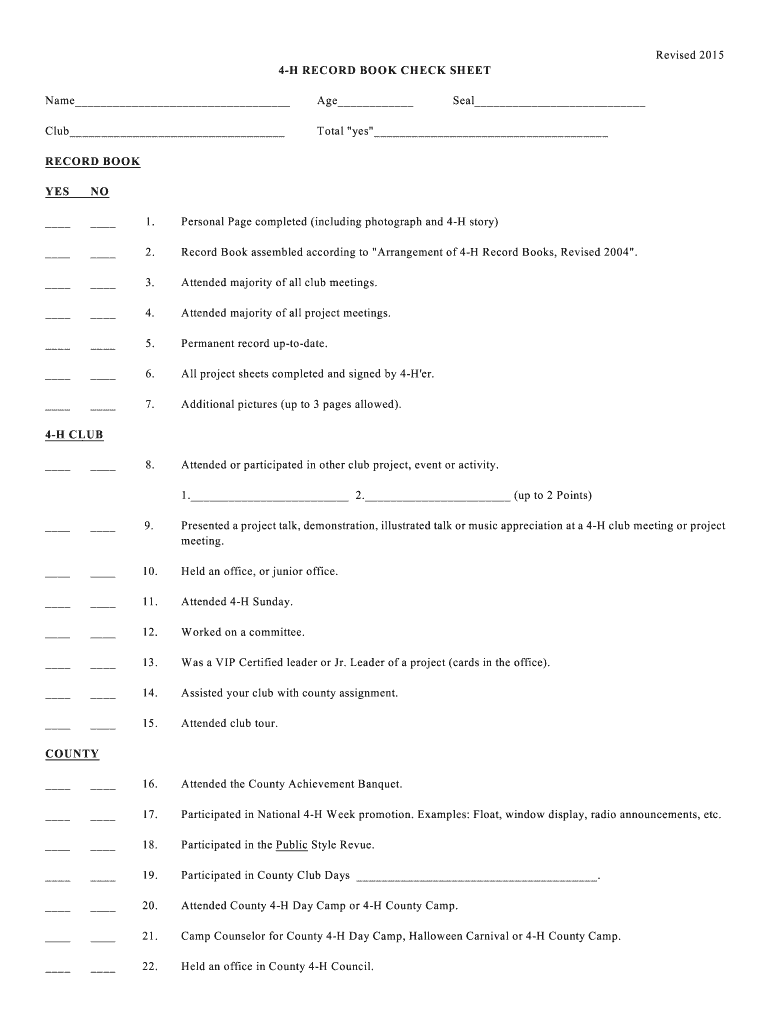 Fillable Online wilson k-state 4-H Record Book Check Sheet - Wilson ...