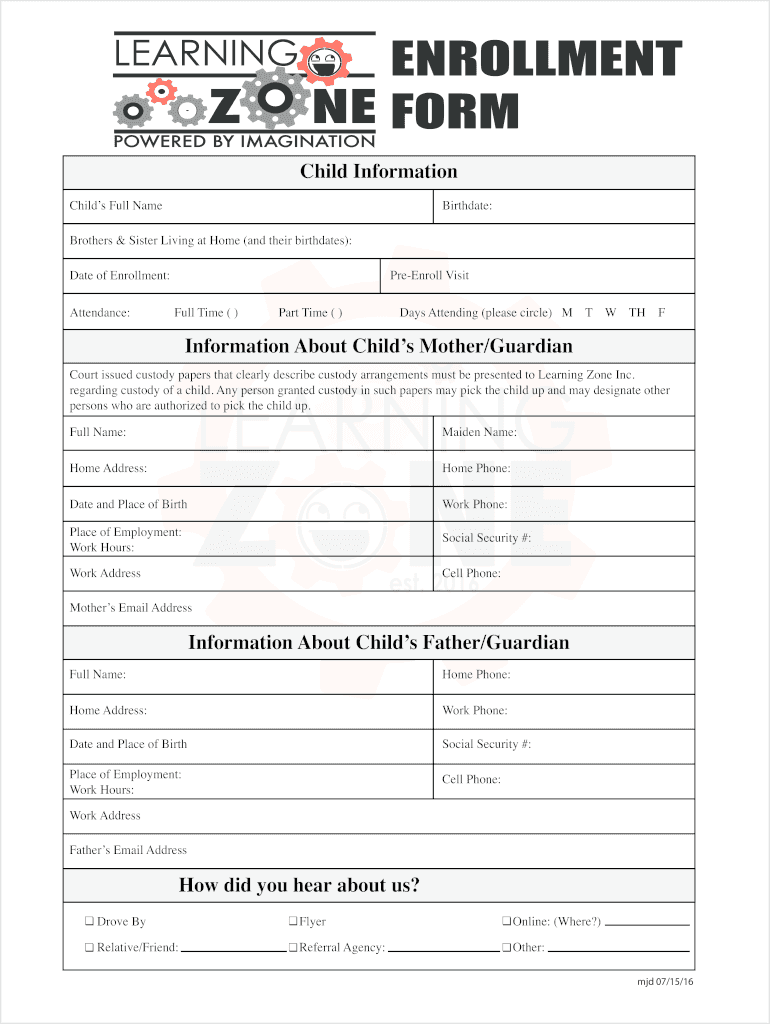 Fillable Online ENROLLMENT FORM - learningzonechildcare.com Fax Email Print - pdfFiller