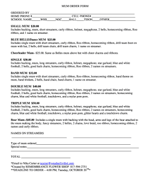 Fillable Online MUM ORDER FORM - whsbluebelles.com Fax Email Print ...