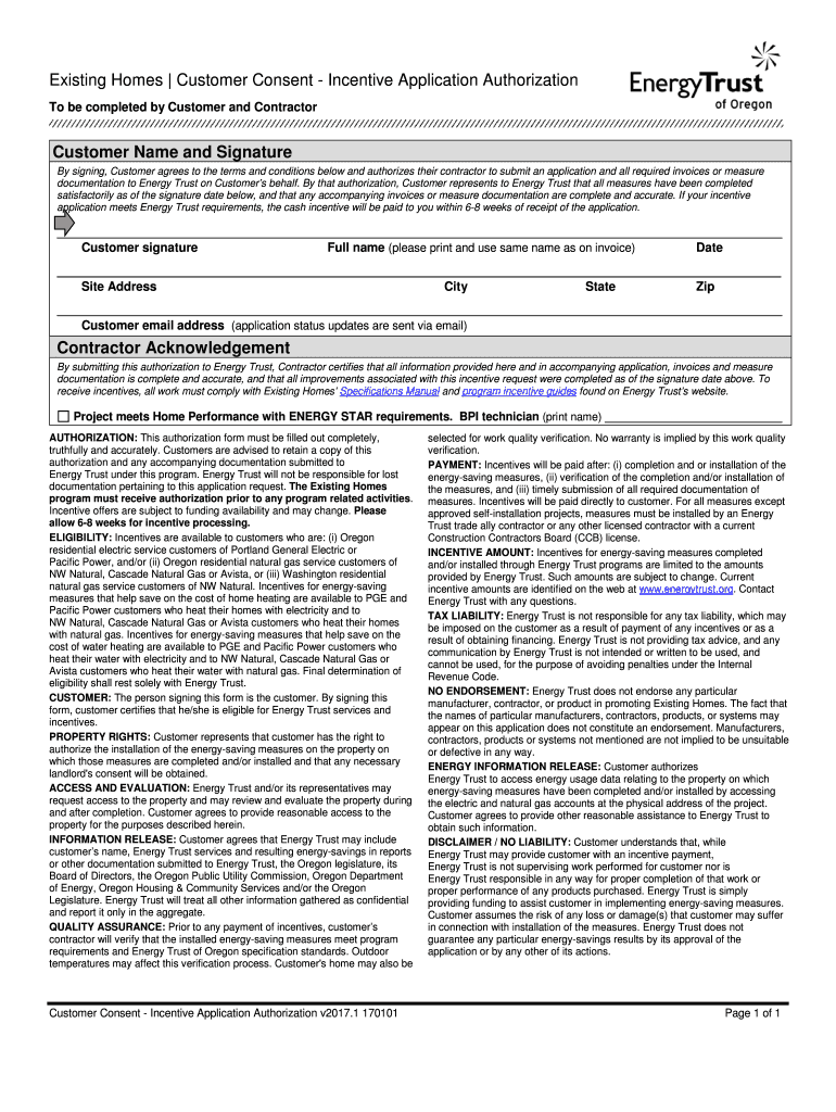 Fillable Online energytrust Customer Consent - Incentive Application ...