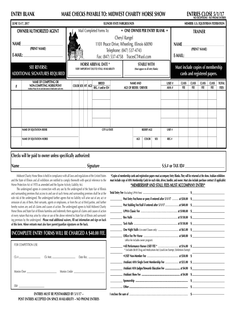 Fillable Online ENTRY BLANK MAKE CHECKS PAYABLE TO: MIDWEST CHARITY ...