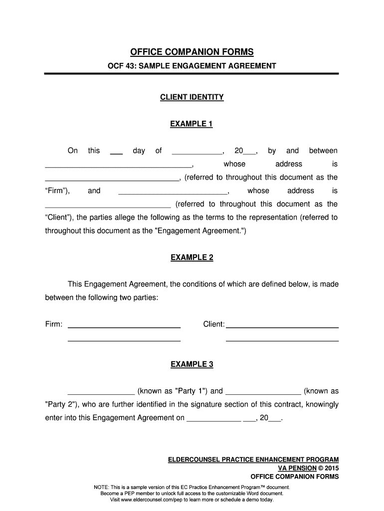 Fillable Online OCF 43: SAMPLE ENGAGEMENT AGREEMENT CLIENT IDENTITY ...
