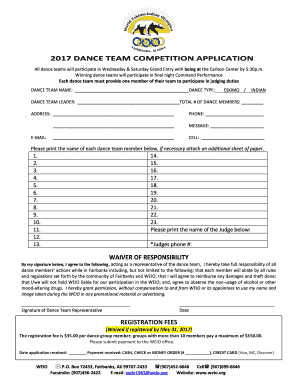 Fillable Online weio 2017 DANCE TEAM COMPETITION APPLICATION WAIVER ...