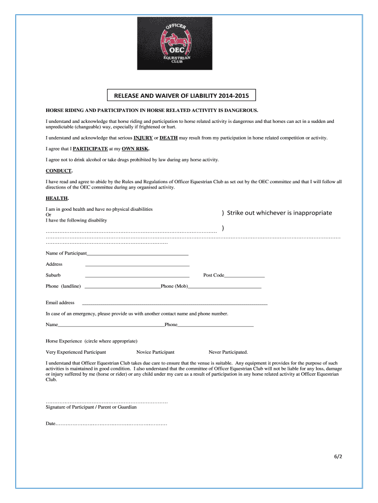 Fillable Online HORSE RIDING AND PARTICIPATION IN HORSE RELATED ACTIVITY IS DANGEROUS Fax Email ...