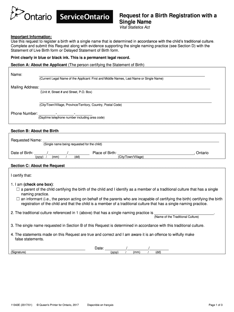 Fillable Online forms ssb gov on Request for a Birth Registration with a Single NamePlease right ...