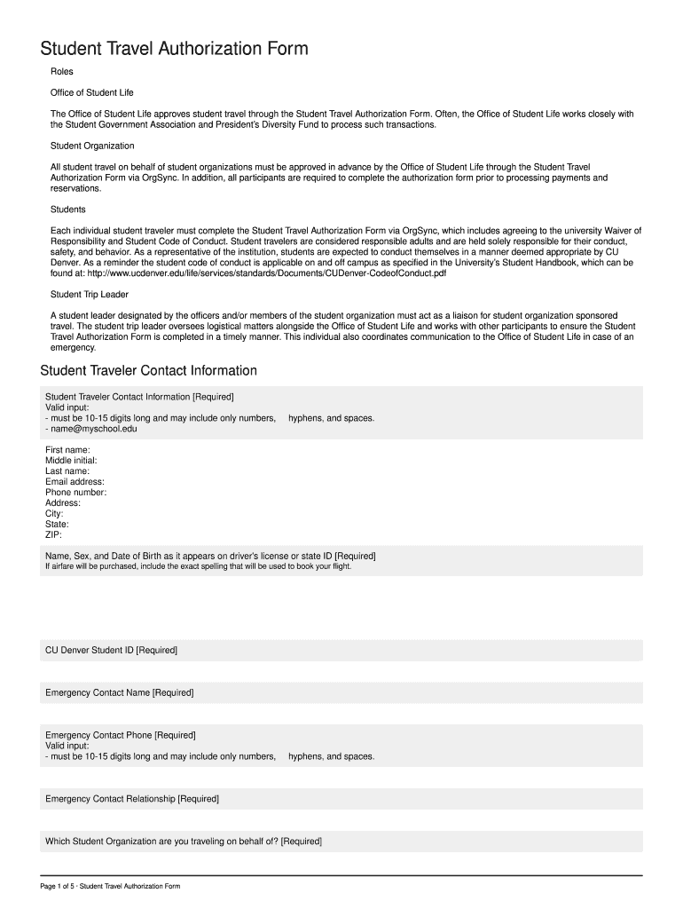 Fillable Online Student Travel Authorization Form. Student ...