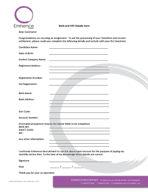 Fillable Online Bank and VAT Details Form Fax Email Print - pdfFiller