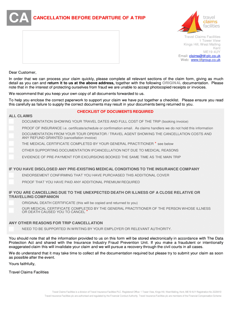 Fillable Online CANCELLATION BEFORE DEPARTURE OF A TRIP Fax Email Print ...