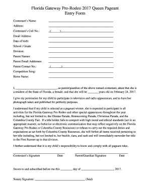Fillable Online Florida Gateway Pro-Rodeo 2017 Queen Pageant Entry Form ...