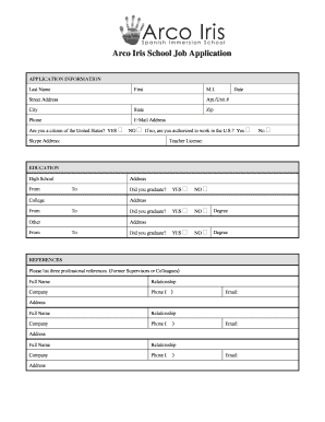 Fillable Online Arco Iris School Job Application Fax Email Print ...