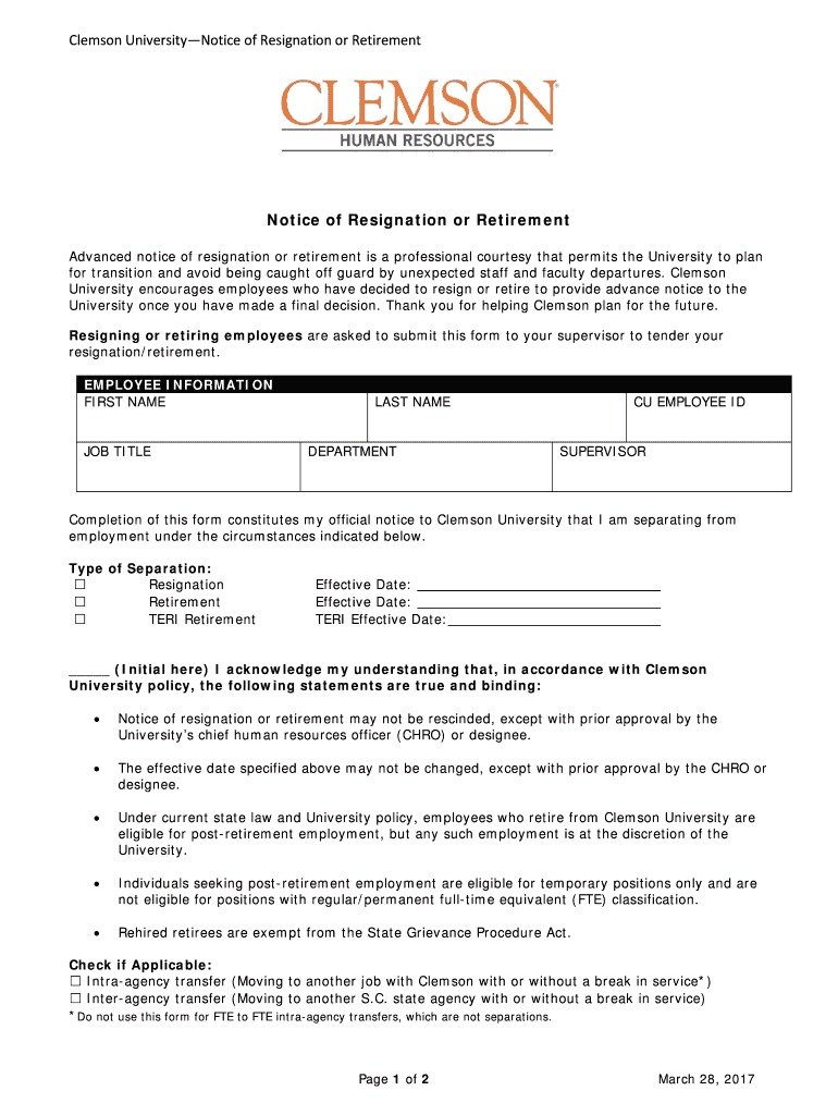 Fillable Online media clemson Clemson University Notice of Resignation ...