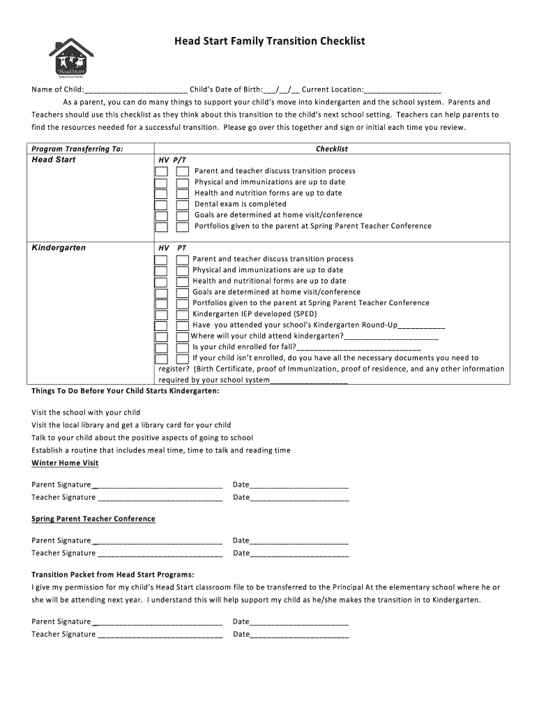 Fillable Online Head Start Family Transition Checklist Fax Email Print ...