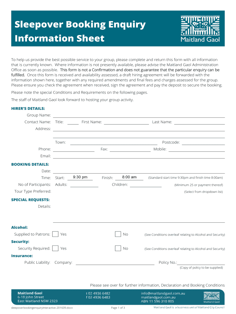 Fillable Online Sleepover Booking Enquiry Fax Email Print - pdfFiller