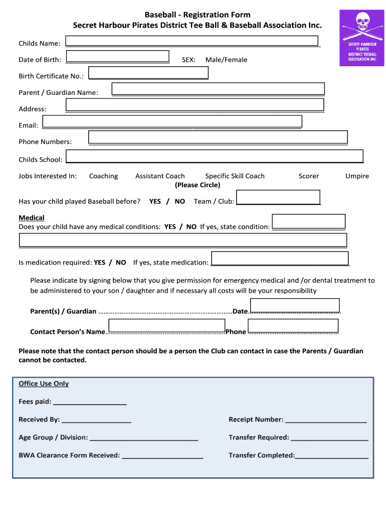 Fillable Online secret-harbour-teeball org Baseball - Registration Form ...