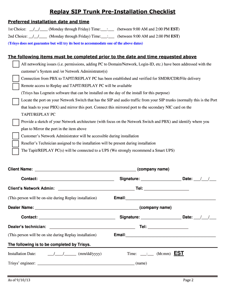 Fillable Online Thank you for purchasing Trisys' Replay SIP Trunk Call Recording ... Fax Email ...