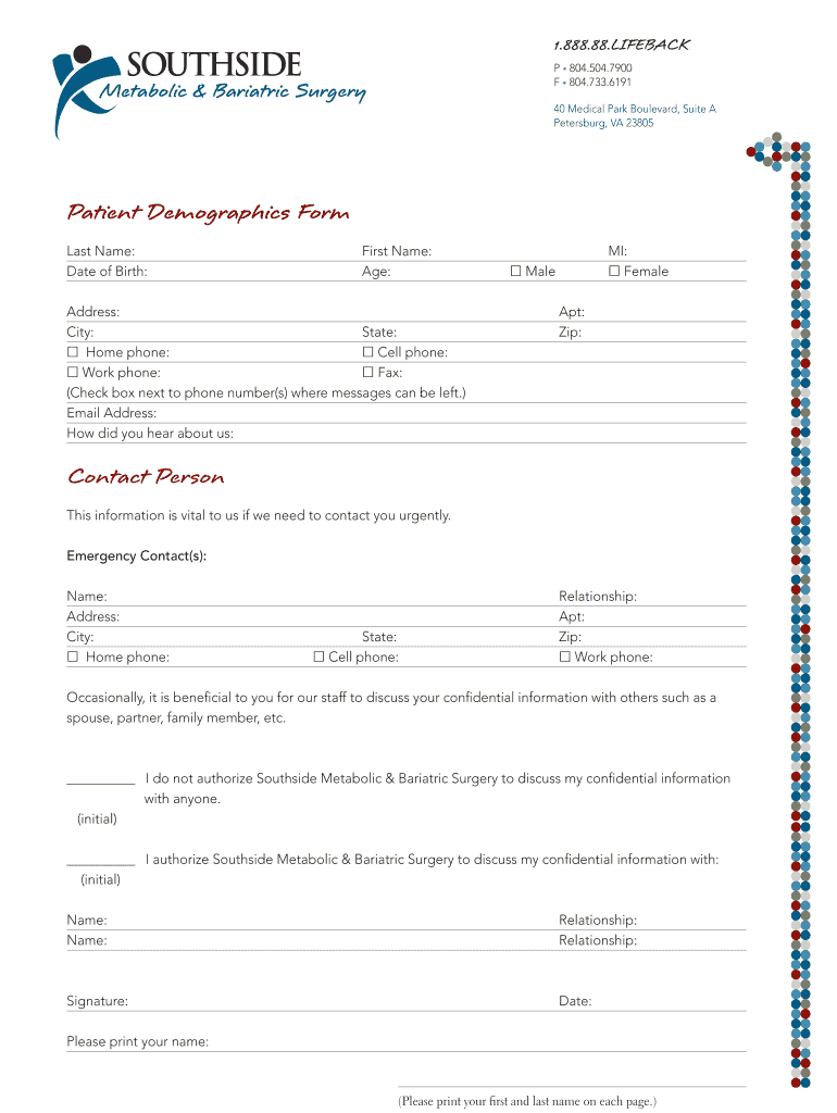 Fillable Online Patient Demographics Form - Southside Regional Medical ...